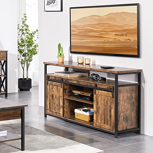 Yaheetech TV Stand Media Entertainment Center with Sliding Barn Doors for 65 Inch TV, 55 Inch TV Stand with Storage and Adjustable Shelf, Industrial TV Table for Bedroom, Rustic Brown