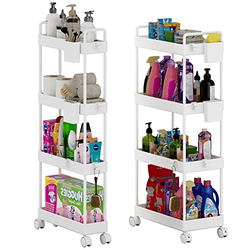 2 Pack 4 Tier Slim Storage Cart, Bathroom Organizer Laundry Room Organization Rolling Utility Cart with Wheels, Mobile Shelving Unit Slide Out Cart for Pantry Bathroom Kitchen Office Narrow Places