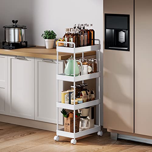 2 Pack 4 Tier Slim Storage Cart, Bathroom Organizer Laundry Room Organization Rolling Utility Cart with Wheels, Mobile Shelving Unit Slide Out Cart for Pantry Bathroom Kitchen Office Narrow Places