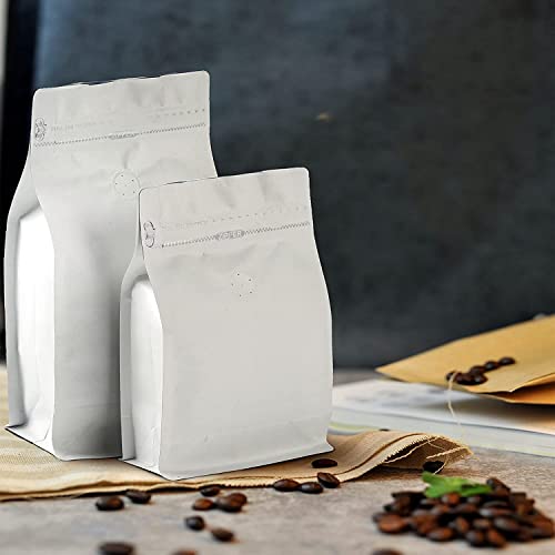 50 Count White Kraft Paper Coffee Bags, High Barrier Stand Up/Flat Bottom Zip Coffee Pouch with Air Release Valve and Reusable Pull Tab Side Zipper (50 Pieces, 12oz/0.75lb/340gm)