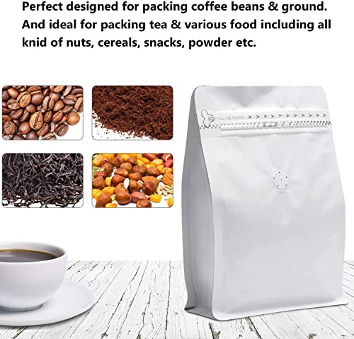 50 Count White Kraft Paper Coffee Bags, High Barrier Stand Up/Flat Bottom Zip Coffee Pouch with Air Release Valve and Reusable Pull Tab Side Zipper (50 Pieces, 12oz/0.75lb/340gm)