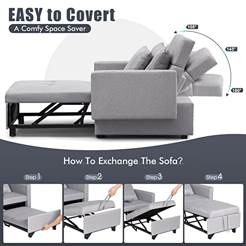 SELLERWE Upgrade Convertible Chair Bed, 3-in-1 Sleeper Chair with Adjustable Backrest, Pull Out Sofa Bed with 2 Pillows for Apartment, Living Room, Bedroom (Grey - Linen Fabric)