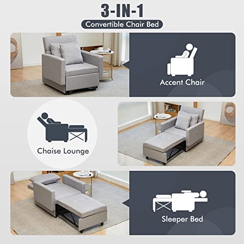 SELLERWE Upgrade Convertible Chair Bed, 3-in-1 Sleeper Chair with Adjustable Backrest, Pull Out Sofa Bed with 2 Pillows for Apartment, Living Room, Bedroom (Grey - Linen Fabric)