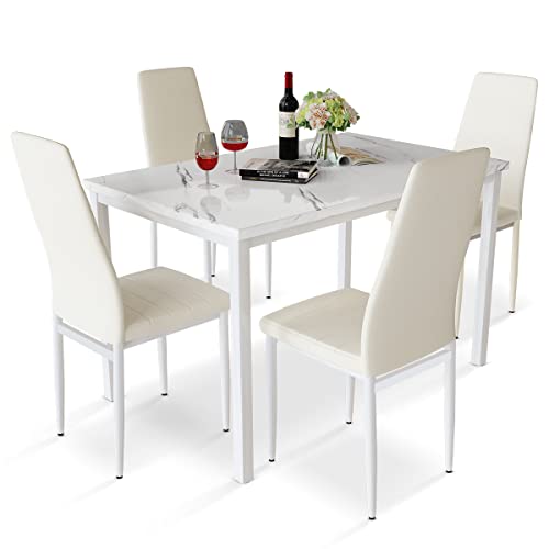 Recaceik Furniture 5 Piece Faux Dining Set, Modern Kitchen Table Marble Top and High Chairs for Breakfast Nook Small Spaces Beige