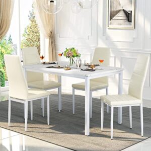 Recaceik Furniture 5 Piece Faux Dining Set, Modern Kitchen Table Marble Top and High Chairs for Breakfast Nook Small Spaces Beige