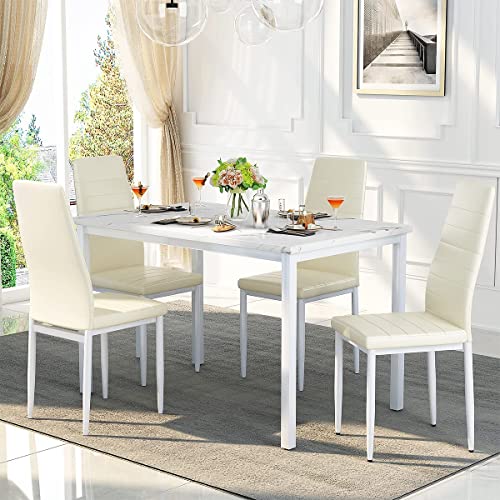 Recaceik Furniture 5 Piece Faux Dining Set, Modern Kitchen Table Marble Top and High Chairs for Breakfast Nook Small Spaces Beige