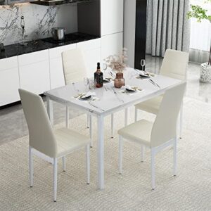 Recaceik Furniture 5 Piece Faux Dining Set, Modern Kitchen Table Marble Top and High Chairs for Breakfast Nook Small Spaces Beige