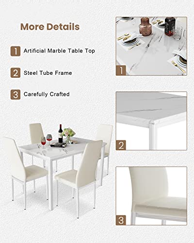 Recaceik Furniture 5 Piece Faux Dining Set, Modern Kitchen Table Marble Top and High Chairs for Breakfast Nook Small Spaces Beige