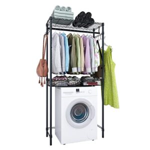 xiofio over the washer and dryer storage shelf 2 tier adjustable height wire basket and side hook laundry shelves used for bathroom bedroom balcony drying rack towel rack handbag rack ，black