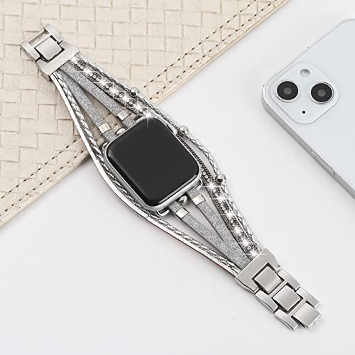 WONMILLE Posh Leather Bands Compatible With Apple Watch 45mm 44mm 42mm 49mm Women, Boho Bracelets Jewelry Multilayer Wrap Strap for iwatch Series SE 8 7 6 5 4 3 2 1 (Glitter Silver, 42mm/44mm/45mm)