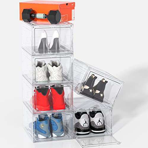 Upgrade Solid Shoe Storage Boxes, 6 Pack Shoe Box Clear Plastic Stackable, Shoe Organizer Box, Drop Front Shoe Box, Plastic Display Shoe Boxes, Shoe Containers for Sneaker Storage Up to US Size 12