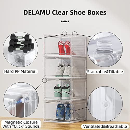 Upgrade Solid Shoe Storage Boxes, 6 Pack Shoe Box Clear Plastic Stackable, Shoe Organizer Box, Drop Front Shoe Box, Plastic Display Shoe Boxes, Shoe Containers for Sneaker Storage Up to US Size 12