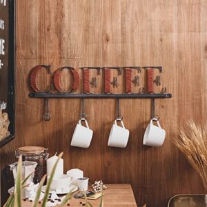 NIKKY HOME Coffee Mug Wall Rack, Metal Coffee Cup Holder Wall Mounted with 4 Hooks and Rustic Leather Mug Holder Coffee Word Sign and Cutout Design