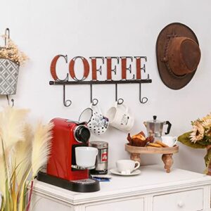 NIKKY HOME Coffee Mug Wall Rack, Metal Coffee Cup Holder Wall Mounted with 4 Hooks and Rustic Leather Mug Holder Coffee Word Sign and Cutout Design