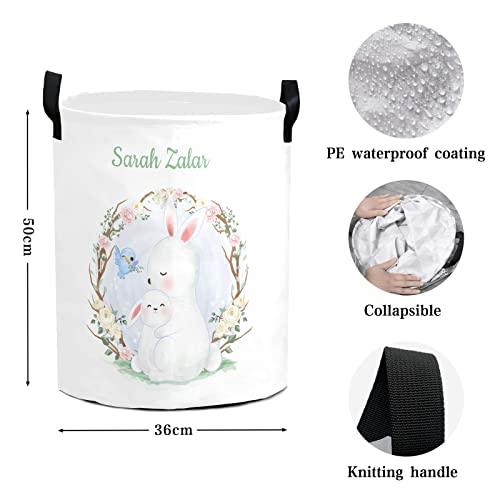 Cute Bunny Bird Personalized Custom Laundry Basket Clothes Round Storage Handle Waterproof, Custom Foldable Large Capacity and Lightweight, For Bedroom Bathroom Decoration