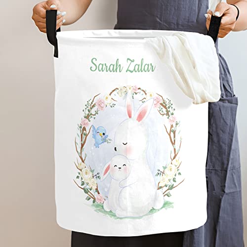 Cute Bunny Bird Personalized Custom Laundry Basket Clothes Round Storage Handle Waterproof, Custom Foldable Large Capacity and Lightweight, For Bedroom Bathroom Decoration