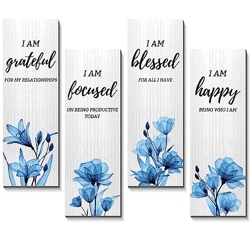 Creoate 4 Pieces Flower Pictures Blue Wall Decor Inspirational Living Room Wall Art Wooden Hanging Plaque - Thankful Grateful Blessed Home Decoration, Gift for Girls, Women，4x12x0.3 Inch x4pcs