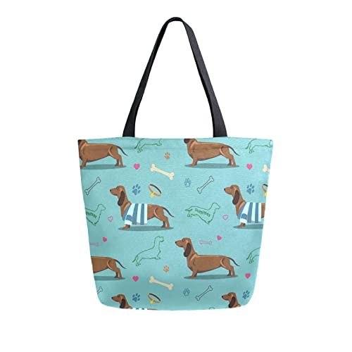 ALAZA Cute Dachshunds Puppy Dog Bone Canvas Tote Bag Large Women Casual Shoulder Bag Handbag,Shopping Grocery Cotton Bag Reusable,Multipurpose,Heavy Duty For Outdoors Weekender Travel