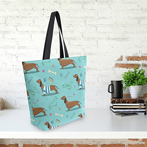 ALAZA Cute Dachshunds Puppy Dog Bone Canvas Tote Bag Large Women Casual Shoulder Bag Handbag,Shopping Grocery Cotton Bag Reusable,Multipurpose,Heavy Duty For Outdoors Weekender Travel