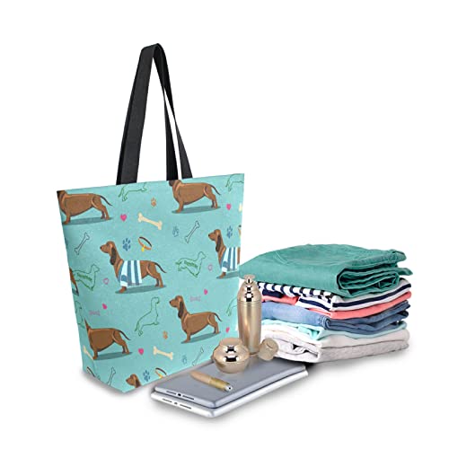 ALAZA Cute Dachshunds Puppy Dog Bone Canvas Tote Bag Large Women Casual Shoulder Bag Handbag,Shopping Grocery Cotton Bag Reusable,Multipurpose,Heavy Duty For Outdoors Weekender Travel