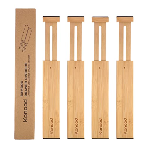 Konood Bamboo Drawer Divider Organizer - Drawer Organizer for Kitchen, Bedroom, Dresser, and Bathroom, Expandable 11.6 - 16.9 Inches, Fits Drawer Width between 12.5 inches to 16.0 inches, Set of 4