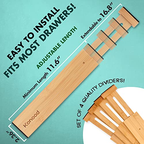 Konood Bamboo Drawer Divider Organizer - Drawer Organizer for Kitchen, Bedroom, Dresser, and Bathroom, Expandable 11.6 - 16.9 Inches, Fits Drawer Width between 12.5 inches to 16.0 inches, Set of 4