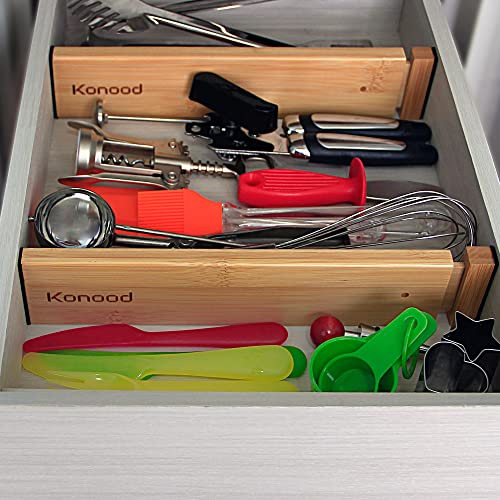 Konood Bamboo Drawer Divider Organizer - Drawer Organizer for Kitchen, Bedroom, Dresser, and Bathroom, Expandable 11.6 - 16.9 Inches, Fits Drawer Width between 12.5 inches to 16.0 inches, Set of 4