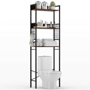 giantex over-the-toilet storage shelf, 3-tier bathroom space saver with 3 hooks, industrial tower rack for restroom, kitchen, freestanding bathroom organizer (rustic brown)