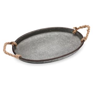 Hipiwe Galvanized Metal Iron Oval Tray with Rope Handle Farmhouse Serving Tray Rustic Industrial Decorative Centerpiece for Coffee Table Weddings and Parties Decor, Large