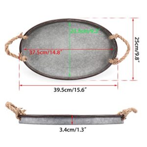 Hipiwe Galvanized Metal Iron Oval Tray with Rope Handle Farmhouse Serving Tray Rustic Industrial Decorative Centerpiece for Coffee Table Weddings and Parties Decor, Large