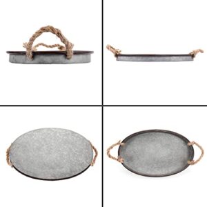 Hipiwe Galvanized Metal Iron Oval Tray with Rope Handle Farmhouse Serving Tray Rustic Industrial Decorative Centerpiece for Coffee Table Weddings and Parties Decor, Large