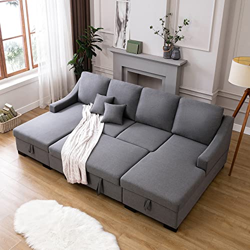 HABITRIO Sectional Sofa Bed, U Shape Sofa Bed, Pull Out Sleeper Sofa Bed with Pulley, Sofa with Two Storage Chaise, for Living Room Furniture Sofa, 2 Tossing Cushions, Gray