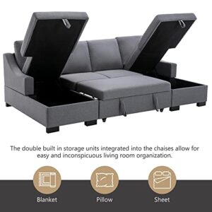 HABITRIO Sectional Sofa Bed, U Shape Sofa Bed, Pull Out Sleeper Sofa Bed with Pulley, Sofa with Two Storage Chaise, for Living Room Furniture Sofa, 2 Tossing Cushions, Gray