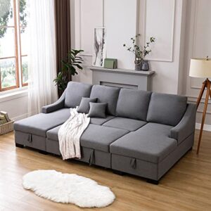 HABITRIO Sectional Sofa Bed, U Shape Sofa Bed, Pull Out Sleeper Sofa Bed with Pulley, Sofa with Two Storage Chaise, for Living Room Furniture Sofa, 2 Tossing Cushions, Gray