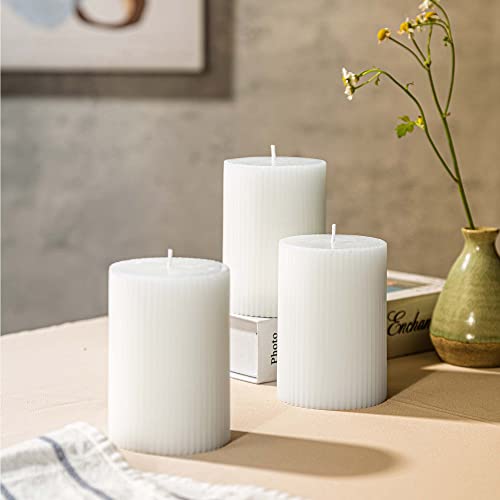 Ribbed Pillar Candles 3x4'' Unscented Modern Home Décor Handmade (3 Packs, White)