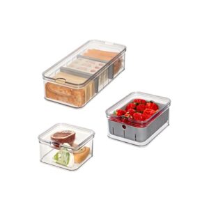 idesign the spruce 3-piece plastic refrigerator organizer bin set with lids, clear/gray