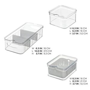 iDesign The Spruce 3-Piece Plastic Refrigerator Organizer Bin Set with Lids, Clear/Gray