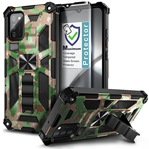 NZND Case for Samsung Galaxy A03S with Tempered Glass Screen Protector (Maximum Coverage), Full-Body Protective [Military-Grade] Built-in Kickstand Car Magnetic Heavy-Duty Phone Cover Case (Camo)