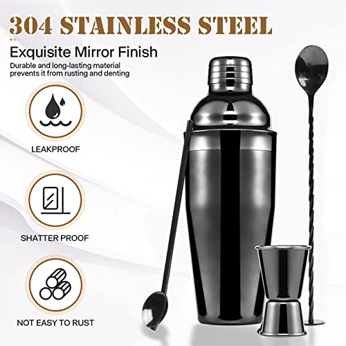 Purism Cocktail Shaker,4-Piece Stainless Steel Bartender Kit Essential Cocktail Bar Tool Set,25 oz Martini Shaker with a Built in Strainer lid &Manual of Recipe, Bar Set for Home Drink Mixing（Black）