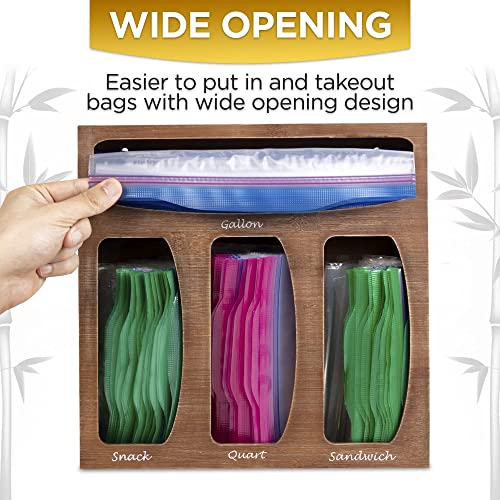 +Five Ziplock Bag Organizer, Food Storage Bag Organizer for Kitchen Drawer, Bamboo Wood Holder, Plastic Bag Holder Dispenser, Fits Gallon, Quart, Sandwich and Snack Variety Size Bags (Rustic Brown)