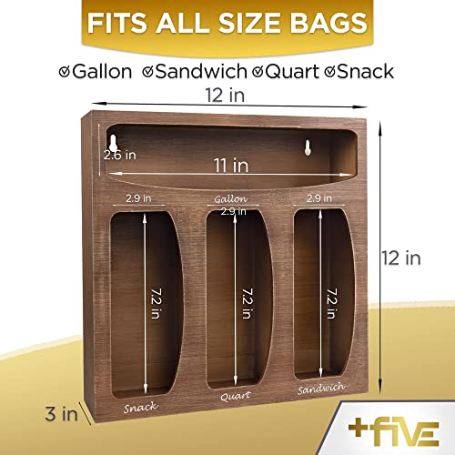 +Five Ziplock Bag Organizer, Food Storage Bag Organizer for Kitchen Drawer, Bamboo Wood Holder, Plastic Bag Holder Dispenser, Fits Gallon, Quart, Sandwich and Snack Variety Size Bags (Rustic Brown)