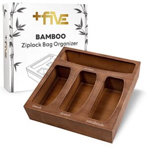 +Five Ziplock Bag Organizer, Food Storage Bag Organizer for Kitchen Drawer, Bamboo Wood Holder, Plastic Bag Holder Dispenser, Fits Gallon, Quart, Sandwich and Snack Variety Size Bags (Rustic Brown)