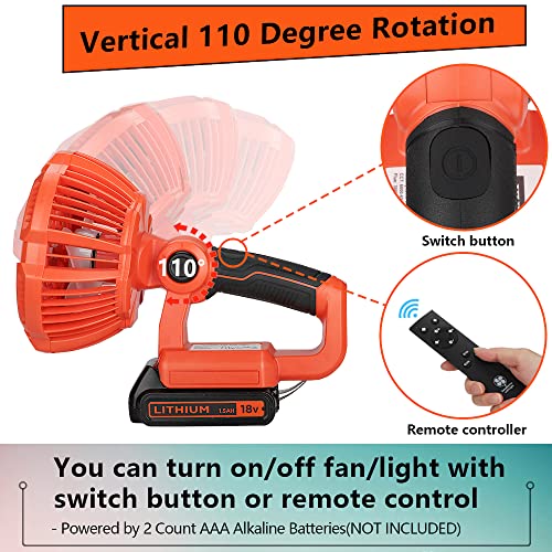 WaxPar Outdoor Fan For black decker Fan Cordless Jobsite Fan, USB Floor Fan Industrial fan with Light Compatible with black decker 14.4-20V Li-Ion Battery, Remote, 3 Modes, Timer