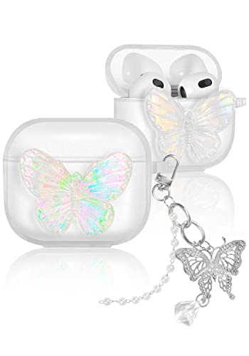 JoySolar Clear Butterfly Girls Case for AirPod 3 (2021) Aesthetic Cute Glitter TPU Cases Women Girly for AirPods 3rd Generation Cover Pretty Design Bling Shiny Stylish with Keychain for Air Pods 3