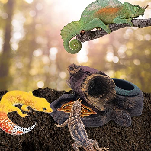 Resin Reptile Food Bowls Amphibian Reptile Feeding Terrarium Bowls Artificial Tree Trunk Reptile Tank Decor Bowl for Lizard Leopard Gecko Spider Snake Hermit Crabs