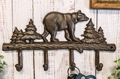 Ebros Gift Cast Iron 11.75" Long Rustic Forest Black Bear Strolling by Pine Trees Forest 4-Pegs Wall Hook Western Bears Hunting Cabin Lodge Country for Coat Hat Clothing Leash Keys (1)