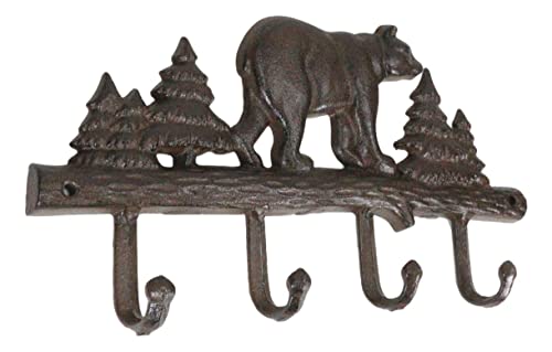 Ebros Gift Cast Iron 11.75" Long Rustic Forest Black Bear Strolling by Pine Trees Forest 4-Pegs Wall Hook Western Bears Hunting Cabin Lodge Country for Coat Hat Clothing Leash Keys (1)