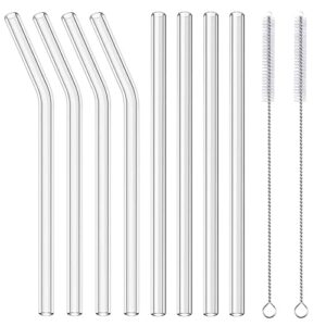 elyum 8 pack reusable glass straws, 10'' x 10mm clear drinking straws with 2 cleaning brushes portable glass straws for smoothies tea juice wine (4 straight + 4 bent)