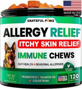 dog allergy relief chews - dog itch relief - probiotics, omega 3 fish oil + colostrum - itchy skin relief - seasonal allergies - anti itch support & hot spots - immune health supplement - made in usa