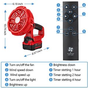 WaxPar Camping Fan For Craftsman Fan Cordless Jobsite Fan, USB Floor Fan Industrial fan with Light Compatible with Craftsman 14.4-20V Li-Ion Battery, Remote, 3 Wind/Brightness Modes, Timer